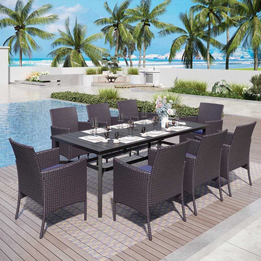 PHI VILLA Black 9-Piece Metal Patio Outdoor Dining Set with Extra-large ...