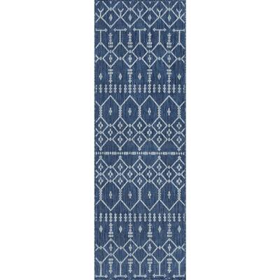 Tayse Rugs Veranda Geometric Navy 3 ft. x 8 ft. Indoor/Outdoor Runner ...