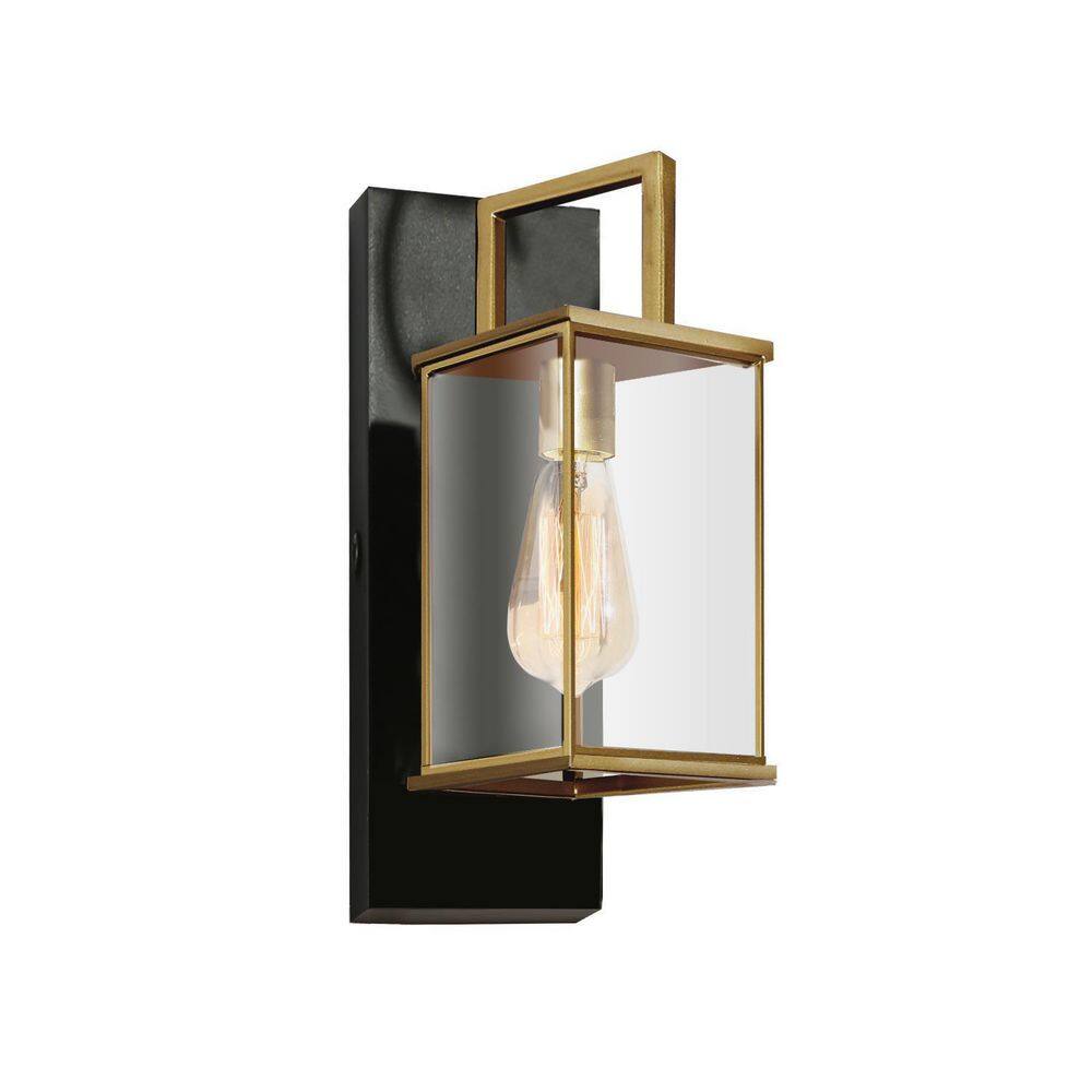Uolfin Black and Brass Rectangle Outdoor Hardwired Wall Lantern Sconce ...