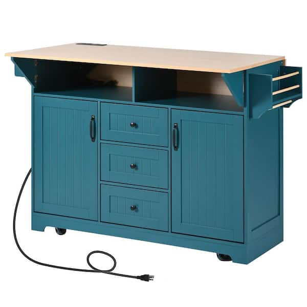 Classic 55.7 in. Green Kitchen Cart with Cabinets and Power Outlet ...