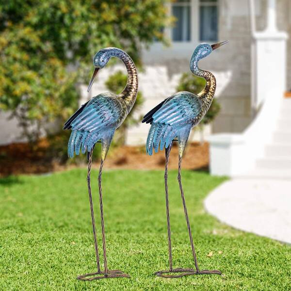 MOEPISY 26.4 in. H Blue Metal Garden Crane Statues Outdoor, Standing ...