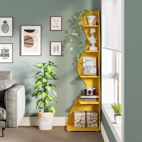 BYBLIGHT Eulas 69.8 in. Tall Yellow Wood 5-Shelf Standard Bookcase ...