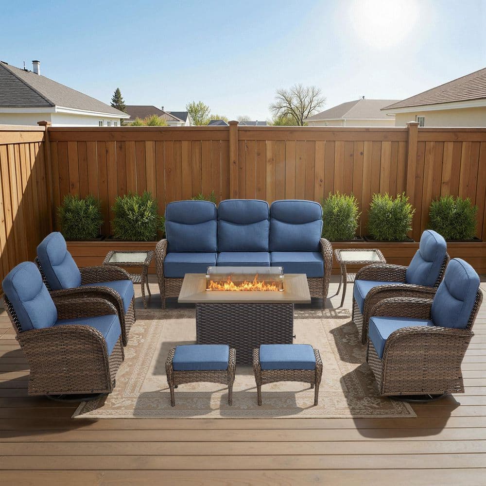 Pocassy High Crescent 10-Piece Brown Wicker Patio Conversation Set with ...