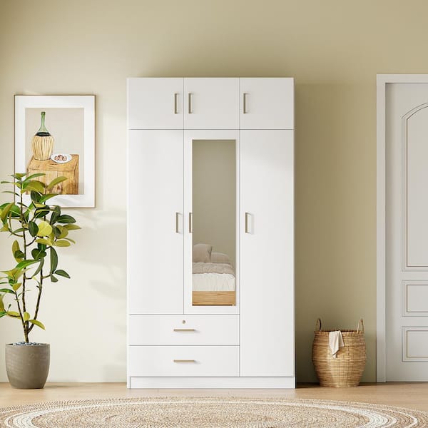 Harper Bright Designs White 41.3 in. 3 Door Wooden Wardrobe Armoire with Mirror 2 Drawers Shelves a Hanging Rod Top Cabinet QMY326AAK The Home Depot
