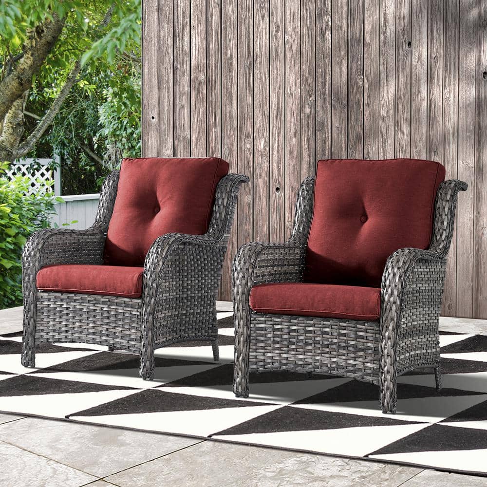 Gymojoy Carolina Gray Wicker Oudoot Lounge Chair with Red Cushions ...