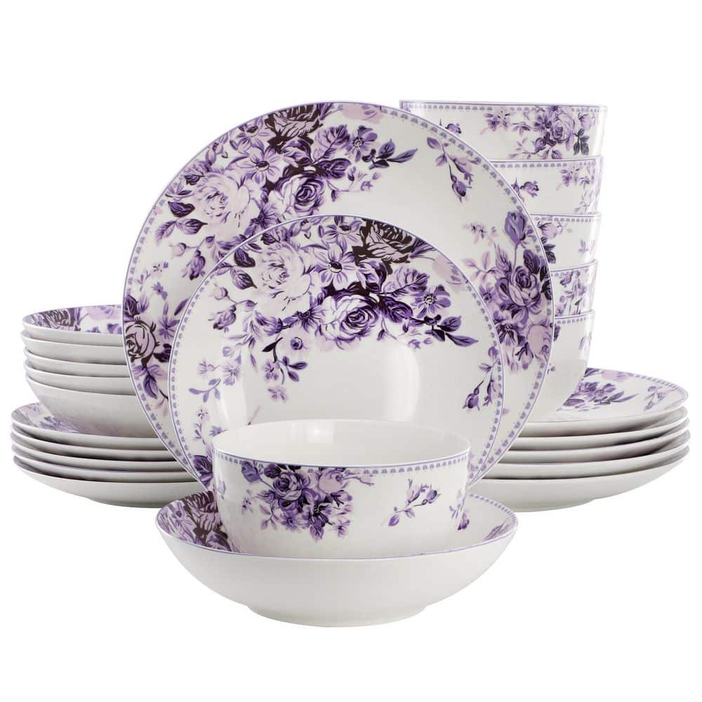 Elama Traditional Purple Rose 24-Piece Stoneware Double Bowl Dinnerware ...