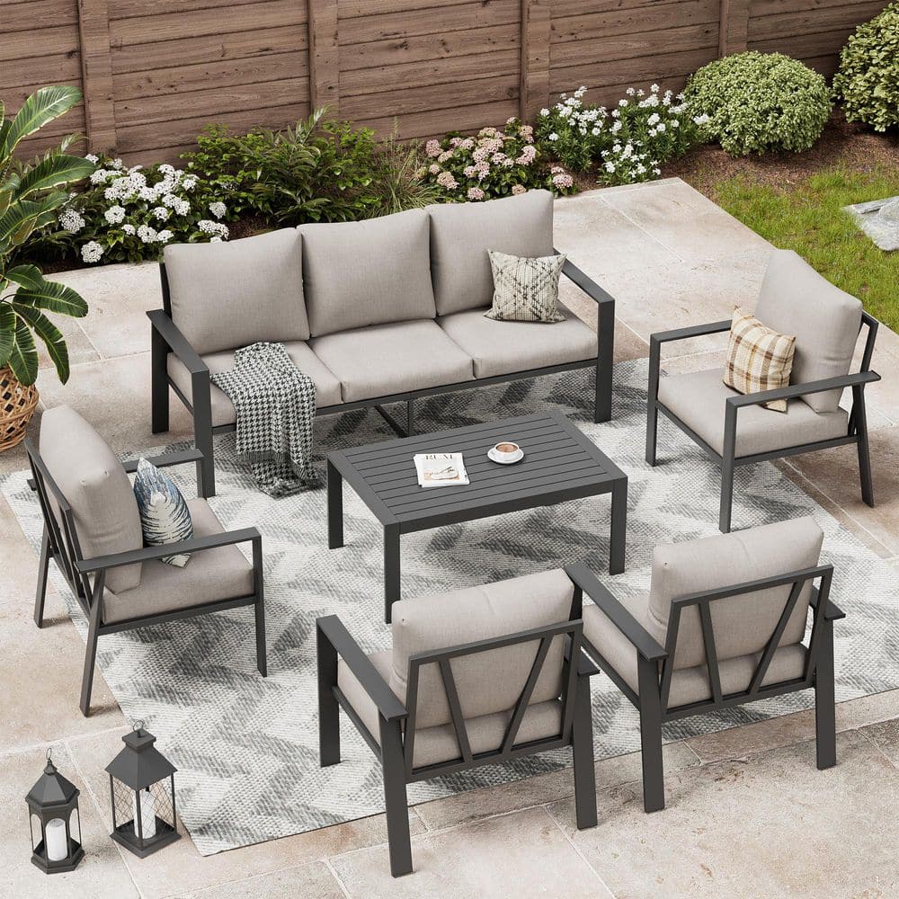 ELPOSUN Aluminum Seating Group with Beige Cushions, 6-Piece Outdoor ...