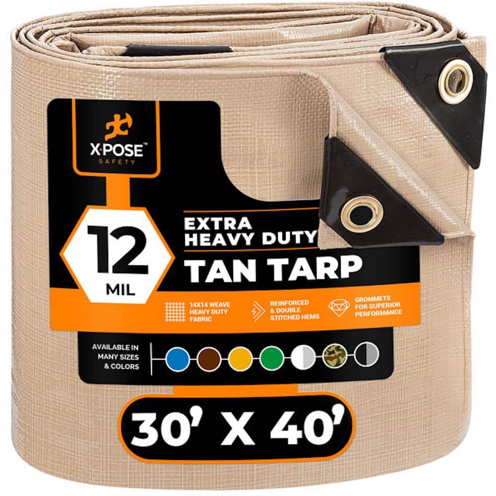 XPOSE SAFETY Heavy-Duty Tan Poly Tarp 30 ft. x 40 ft. Multi-Purpose ...