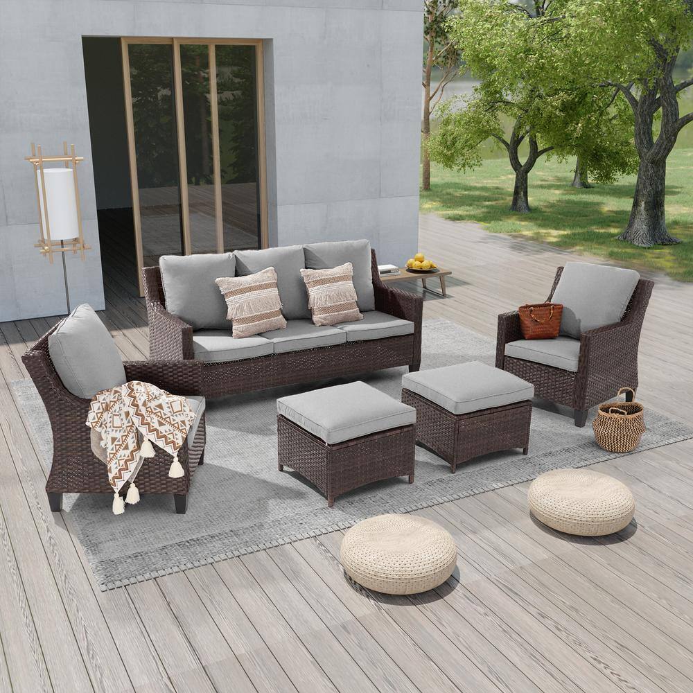 JOYESERY 5-Piece Brown Wicker Outdoor Conversation Seating Sofa Set ...