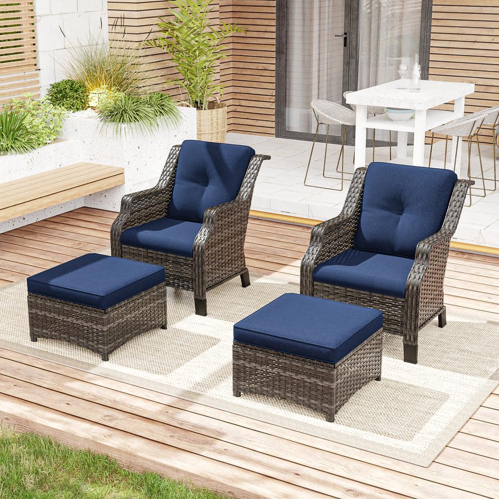 JOYSIDE 4-Piece Wicker Outdoor Patio Conversation Set with Blue Cushions and Ottoman M31M74-BLU ...