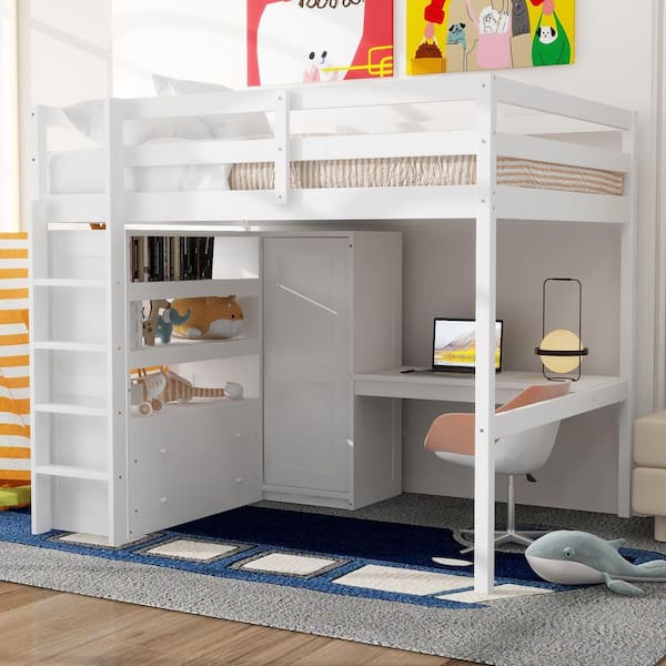 Harper & Bright Designs White Full Size Loft Bed with Wardrobe, Desk, Drawers, Shelves QHS484AAK ...