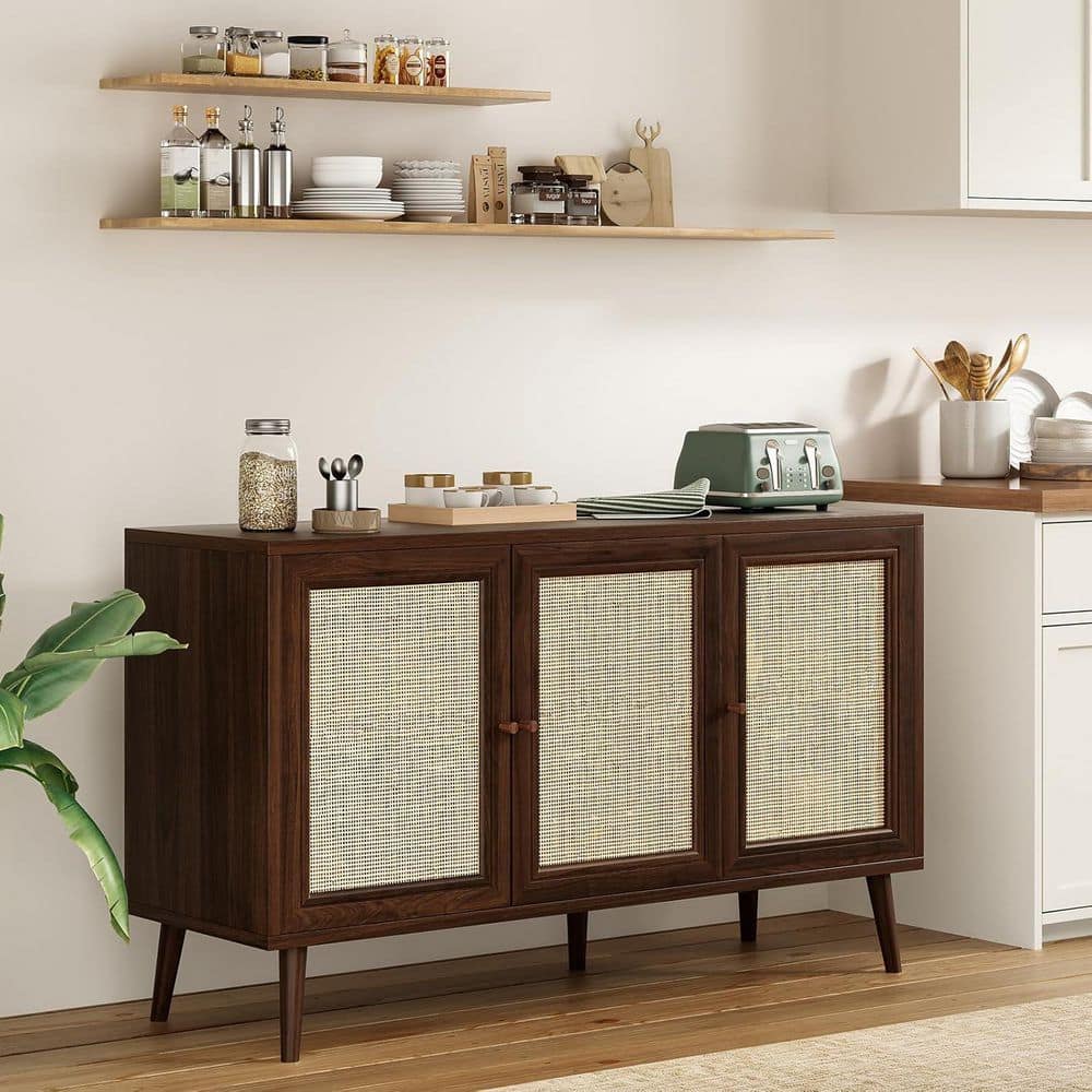 Lirago Walnut 47 in. Display Cabinet with 3 Rattan Doors, Kitchen ...