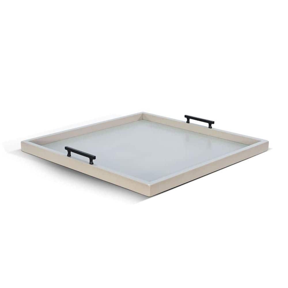 Benjara Yela Light Gray Square Wood Decorative Tray with Black Handles ...