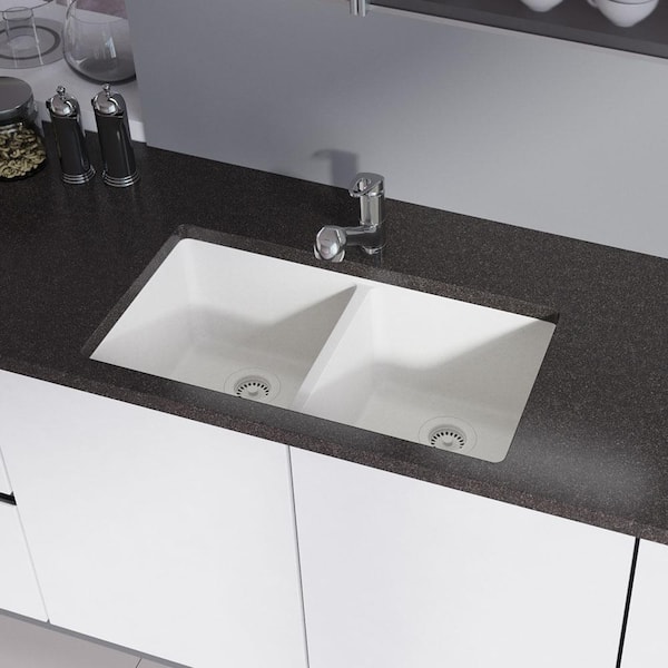 Rene Ivory Granite Quartz 33 in. Double Bowl Undermount Kitchen Sink ...