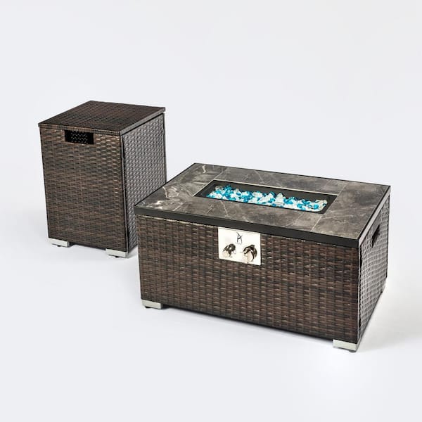 Outdoor Rectangular Propane Fire Pit Table Set with Propane Tank Cover ...
