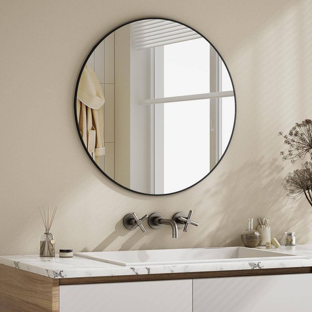 XRAMFY 24 in. W x 24 in. H Round Modern Black Aluminum Framed Bathroom ...