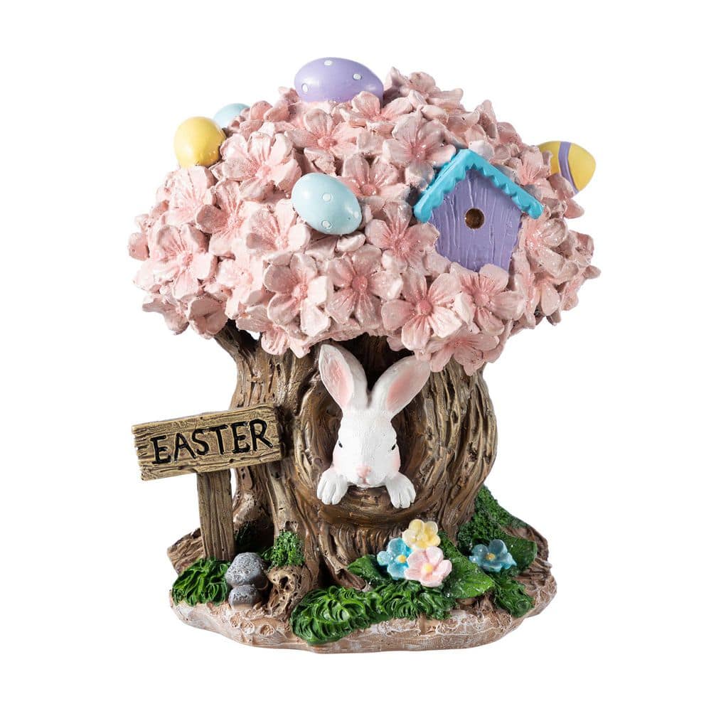 Glitzhome 8 in. H Easter Resin Bunny and Pink Blossoms Table Decor ...