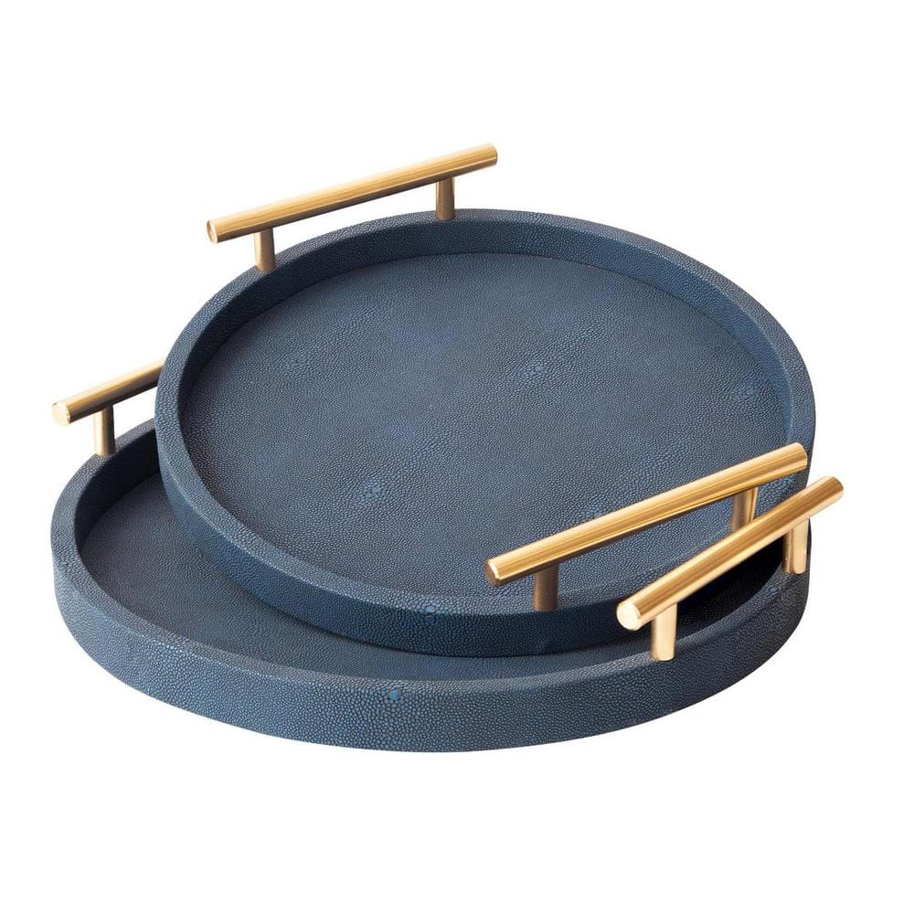 2-Pack 13 in. Blue Shagreen Round Trays - Gold Metal Handles for Home ...