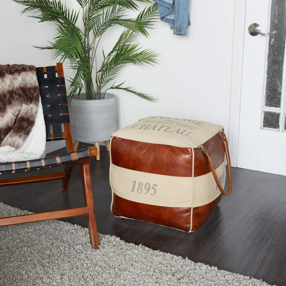 Litton Lane Jones 19 in. Brown Canvas Stool with Leather Handles Pouf ...