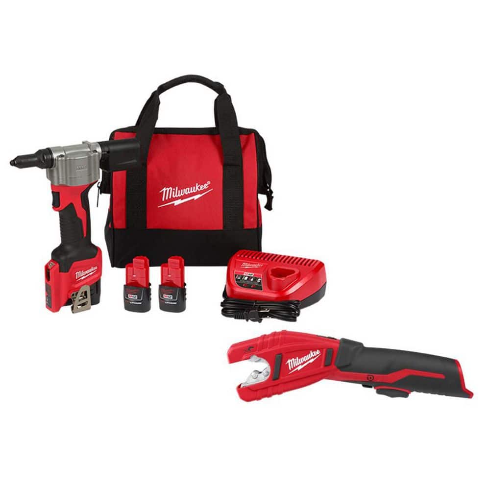 Milwaukee M12 12-Volt Lithium-Ion Cordless Rivet Tool Kit with (2) 1 ...