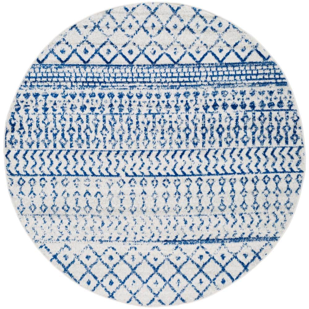 Livabliss Alois Cream/Royal Blue Geometric 10 ft. x 10 ft. Indoor Round ...