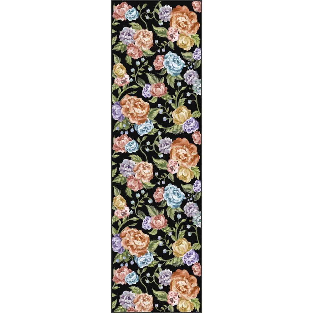 HaiiMeid Summer Flowers Black 2 ft. x 8 ft. Floral Washable Runner Rug ...