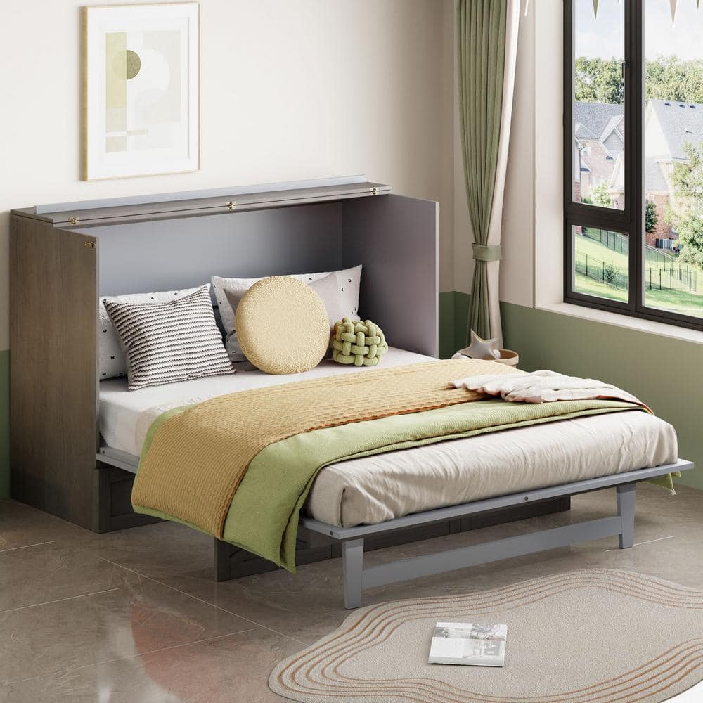 Qualler Gray Wood Frame Full Murphy Bed with USB Ports and Three-prong ...