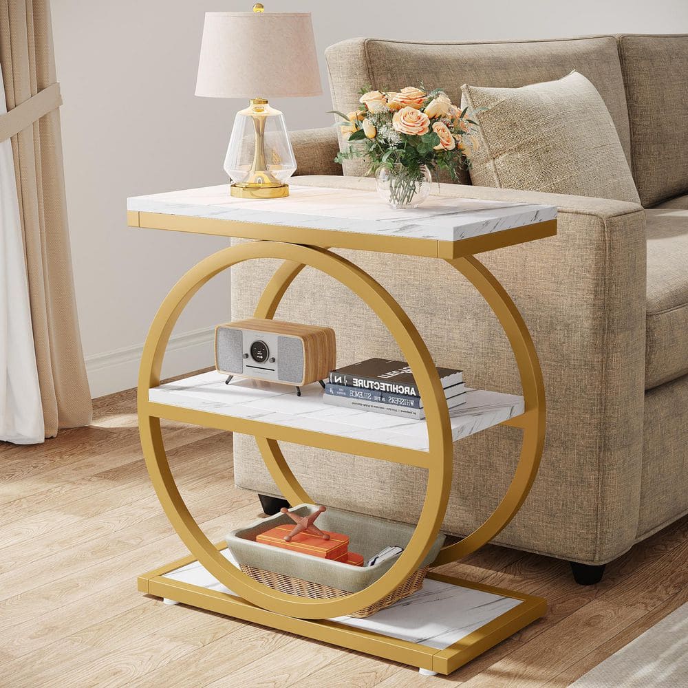 BYBLIGHT Kerlin 23.6 in. White & Gold Rectangle Wood End Table Set of 2 ...