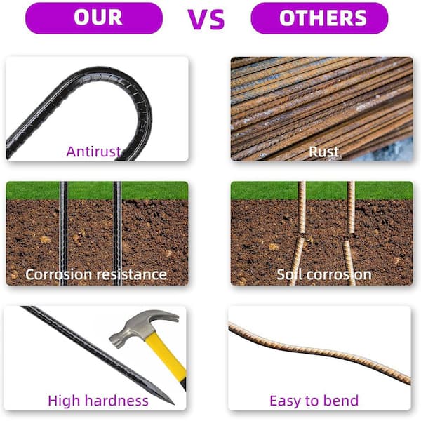 ATENGNES 12 in. Heavy Duty Galvanized Steel U-Shape Hook Rebar Stake ...