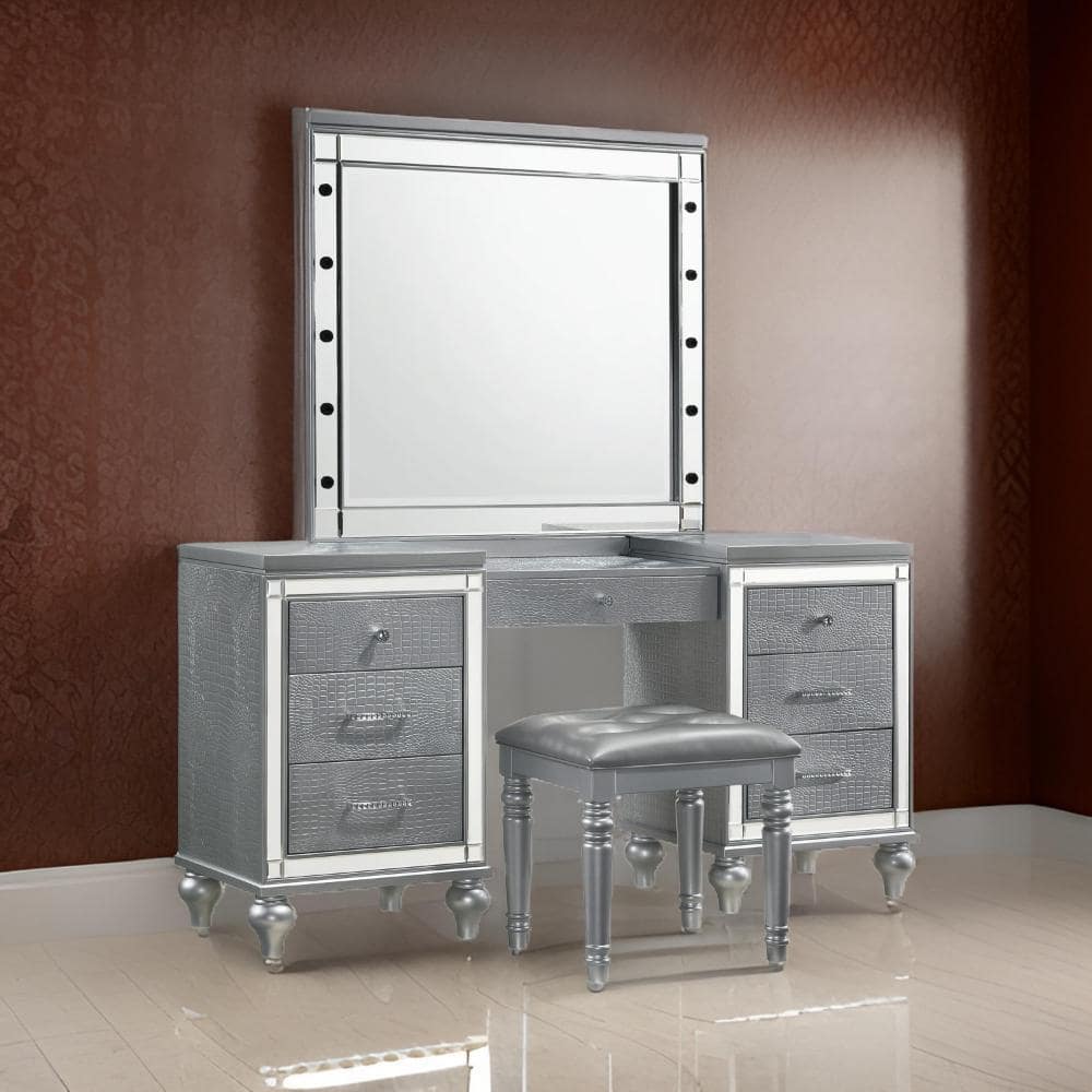Benjara Lee 1-Piece Gray Makeup Vanity Table with Embossed Inlay and 7 ...