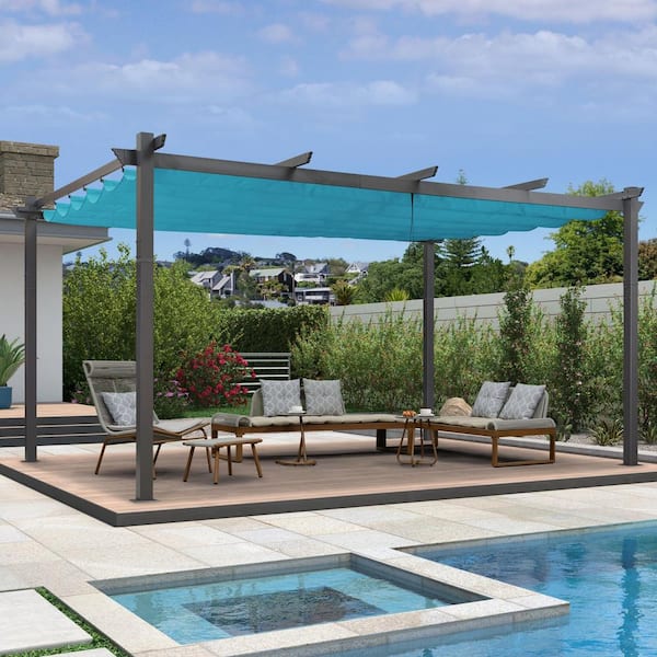PURPLE LEAF 12 ft. W x 16 ft. D Modern Gray Aluminum Pergola with Blue ...