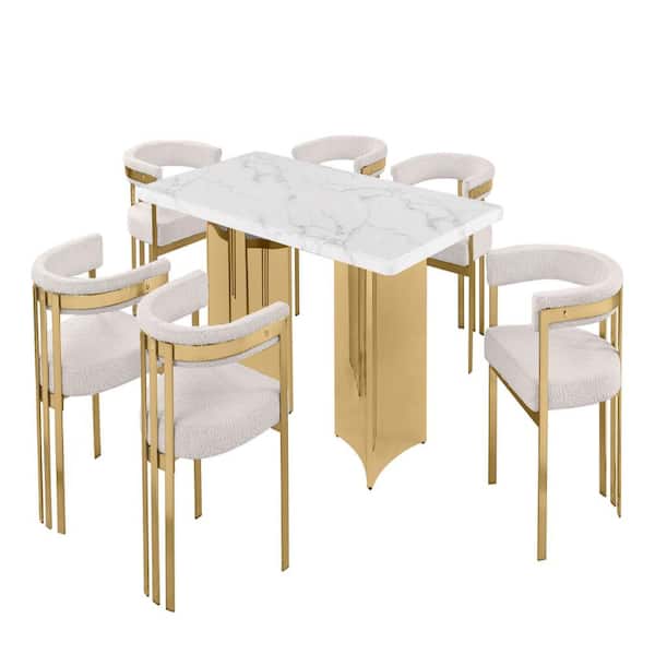 Best Quality Furniture Elise 7-Piece Rectangle White Marble Top Gold ...