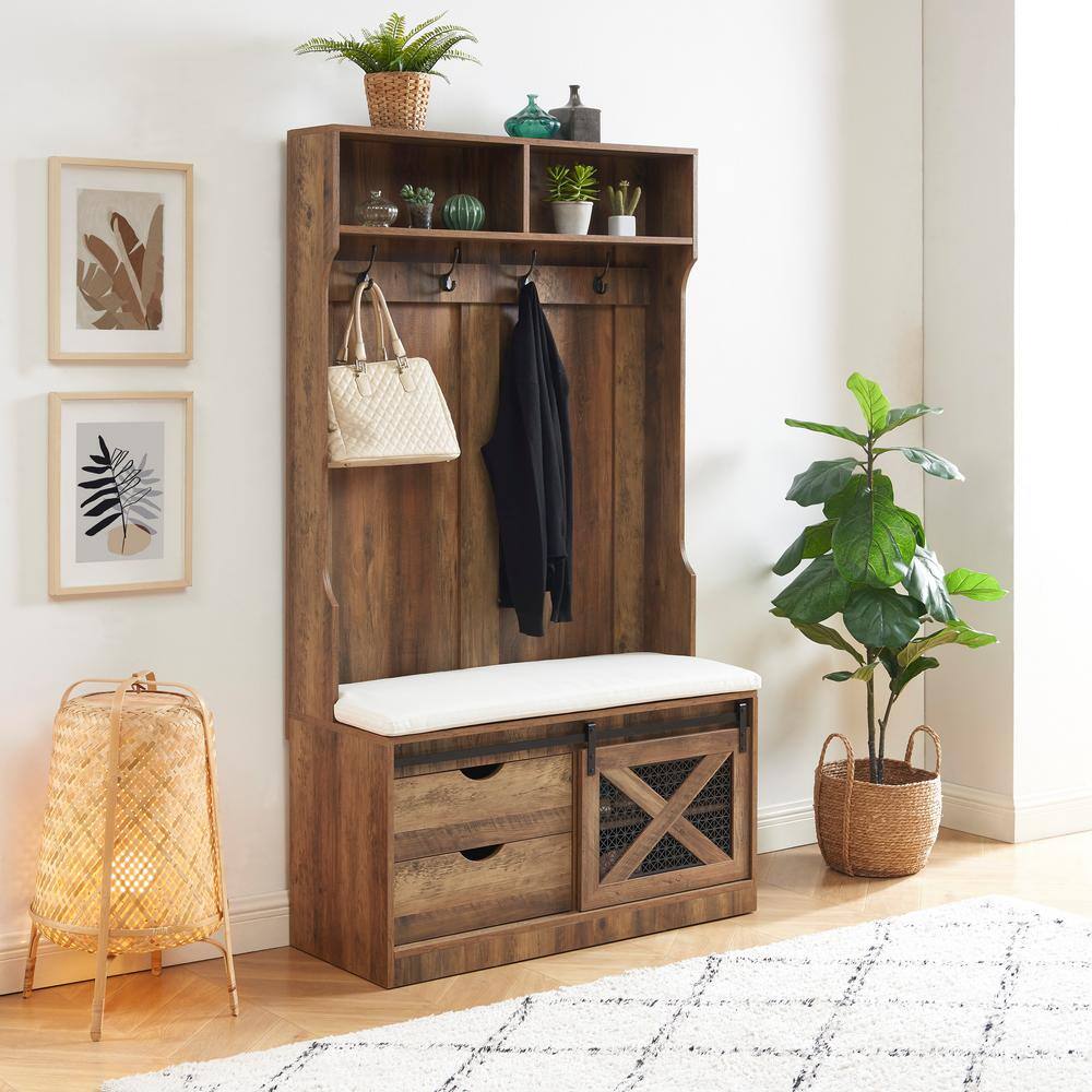 Edwin's Choice Rustic Oak Wood 40.6 in. Hall Tree with Bench and ...