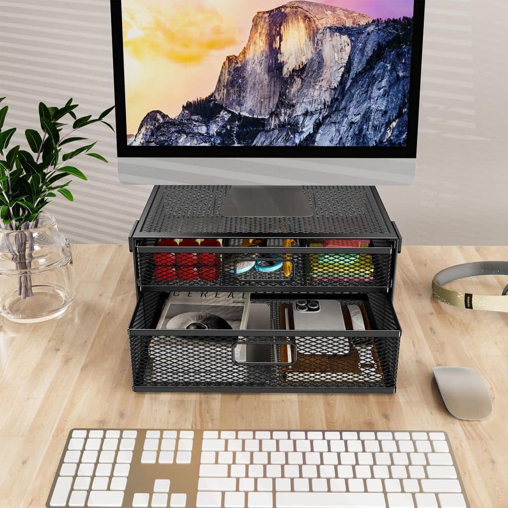 Black 13 in. x 5 in. Metal Under Desk Drawer Organizer with 2 Slidin.g ...