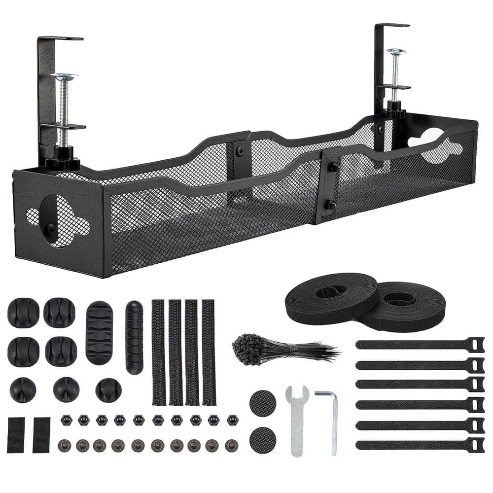 Yichuhaoxi Under Desk Cable Management Tray Black Metal Mesh No Drill 2 Hole Clamp Mount Wire ...
