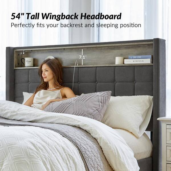 JAYDEN CREATION Candido Modern Gray Wooden Frame 62 In. Queen- Platform Bed with Power Outlets ...