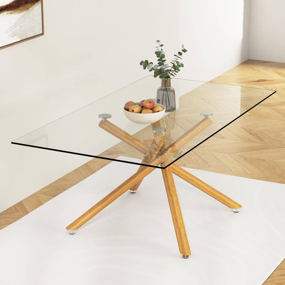 Polibi Large Modern Rectangular Clear Glass Dining Table 71 in. Wood ...