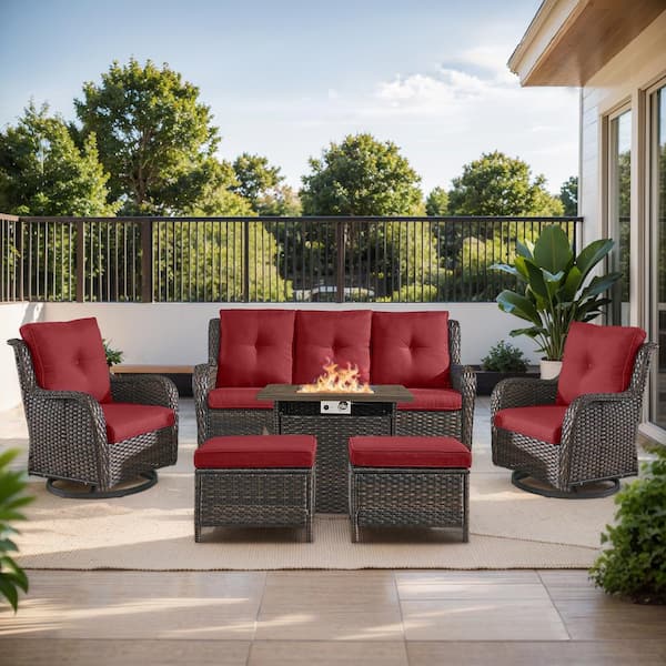 moosprr Arcline 6-Piece Brown Wicker Outdoor Chat Sets with Olefin Red ...