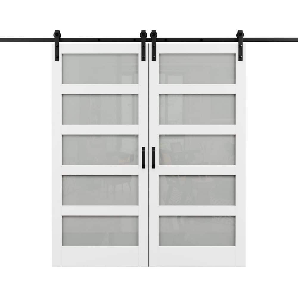 EH PUERTA 72 in. x 84 in. 5-Lite with Frosted Glass White MDF Sliding Barn Door with Hardware ...
