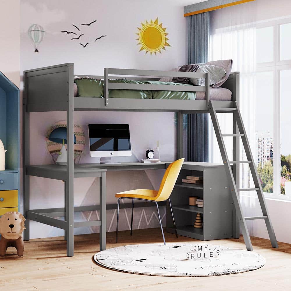 Polibi Twin size Loft Bed with Shelves and Desk, Wooden Loft Bed with Desk-Gray RS-43585AAET ...