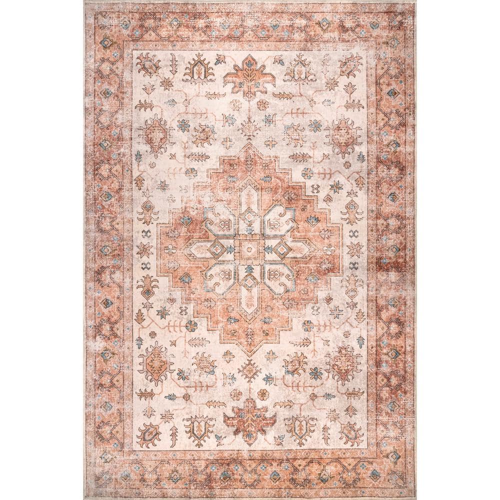 nuLOOM Dawson Machine Washable Peach 3 ft. x 5 ft. Distressed Medallion ...
