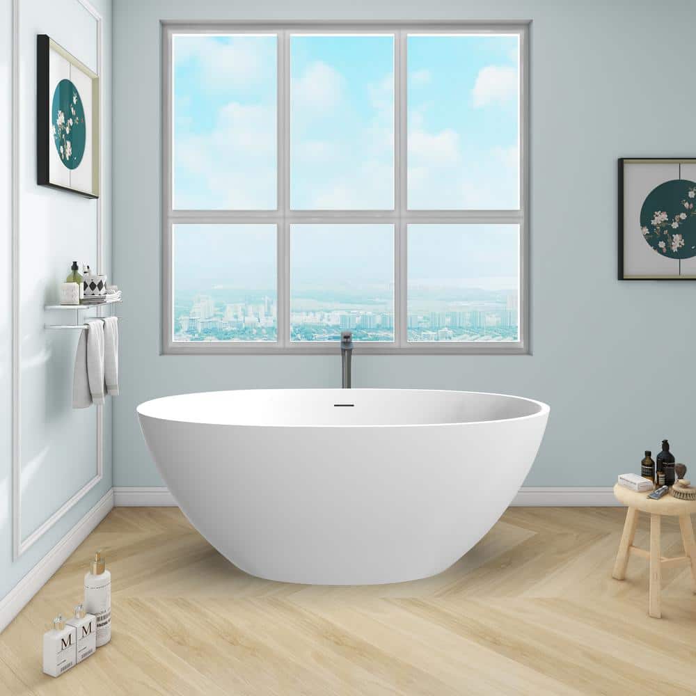 FORCLOVER Stone Flat Bottom Solid Surface Freestanding Soaking Bathtub ...