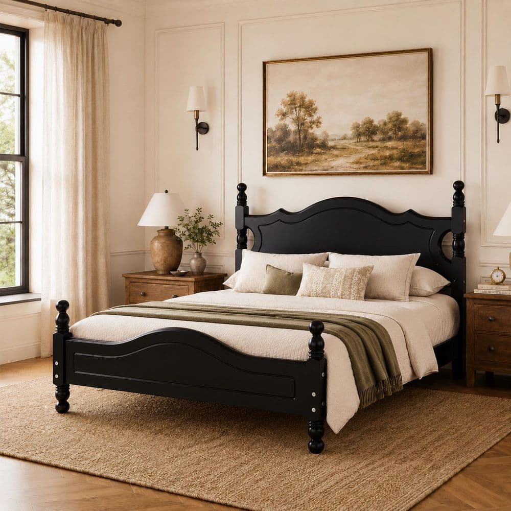 Harper & Bright Designs Exquisite Vintage Black Wood Frame Queen Size ...