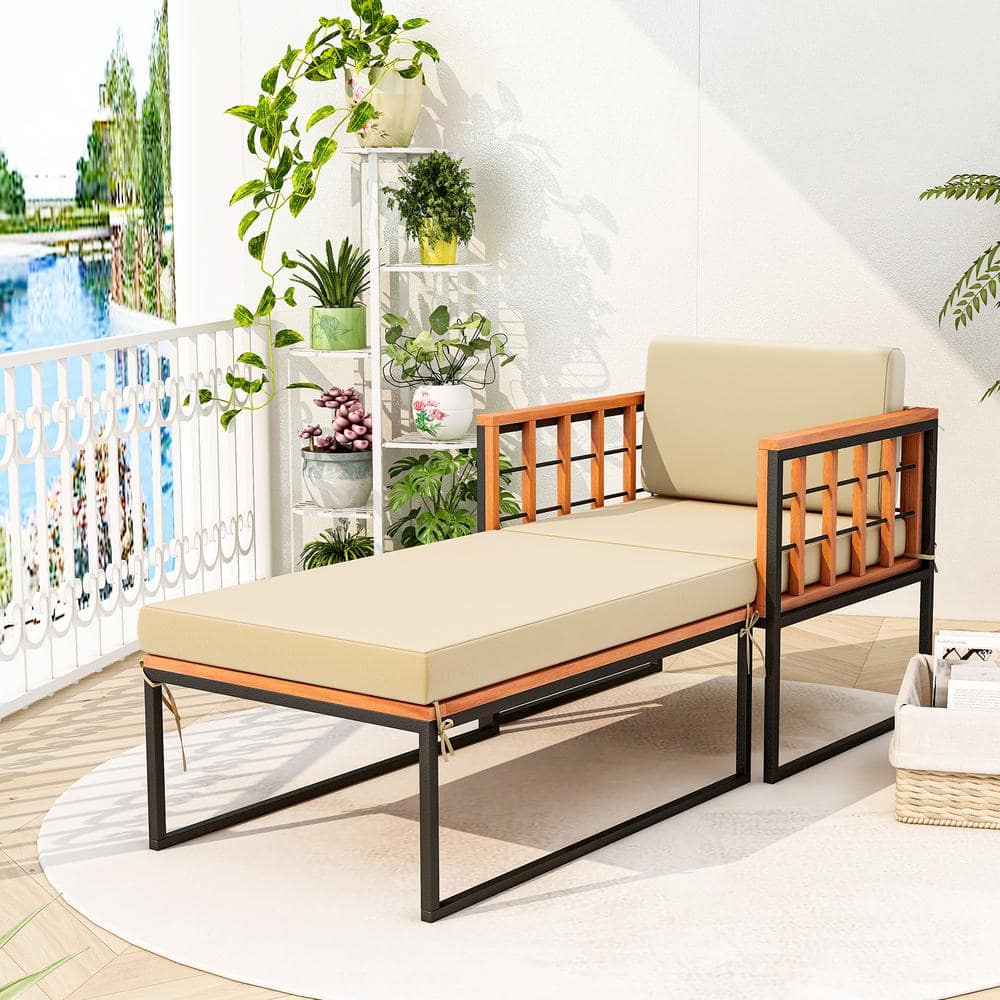 FORCLOVER Acacia Wood Outdoor Chaise Lounge with Long Ottoman and Beige ...