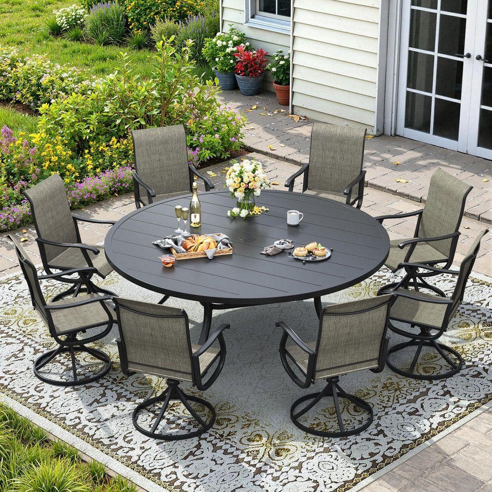 vicllax 9 Pieces Metal Outdoor Patio Dining Set with 60 in. Black Round ...