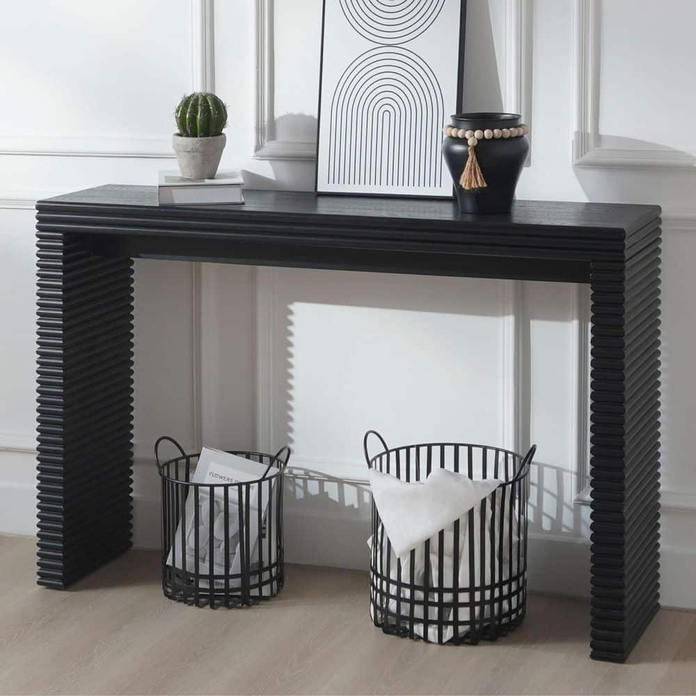 IDEAGLE 47.2 in. W Black Rectangle Wood Console Table with Fluted 3D ...
