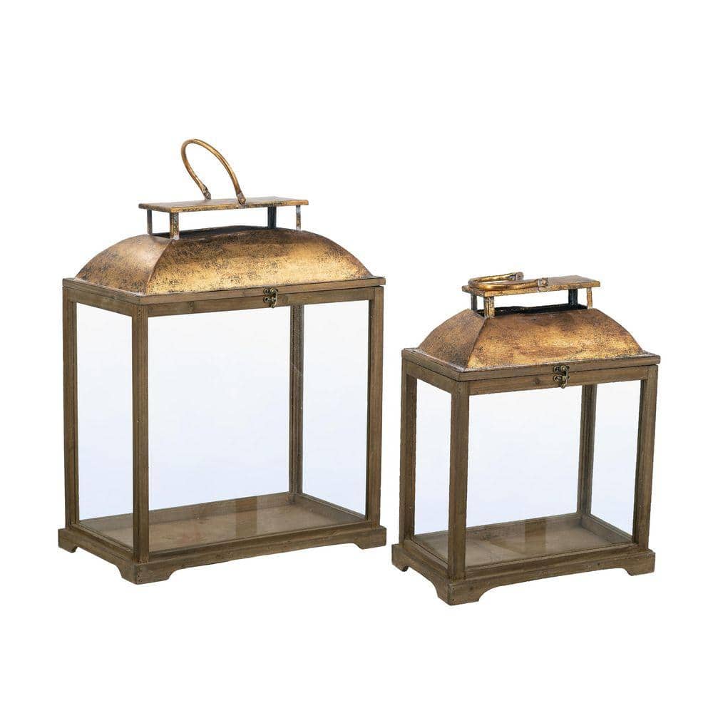 23 in. x 11 in. & 17 in. x 8 in. Brown Wooded Lantern 2-PC with Clear ...