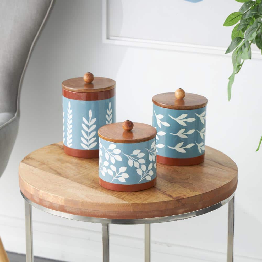 Litton Lane Light Blue Floral Ceramic Decorative Canisters with Wood ...