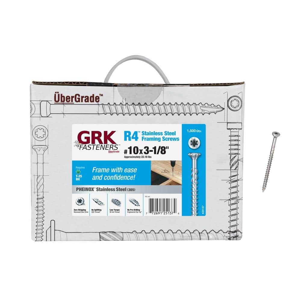 GRK Fasteners #10 x 3-1/8 in. Star Drive Bugle Head Pheinox 305 SS R4 Multi-Purpose Wood Screw ...