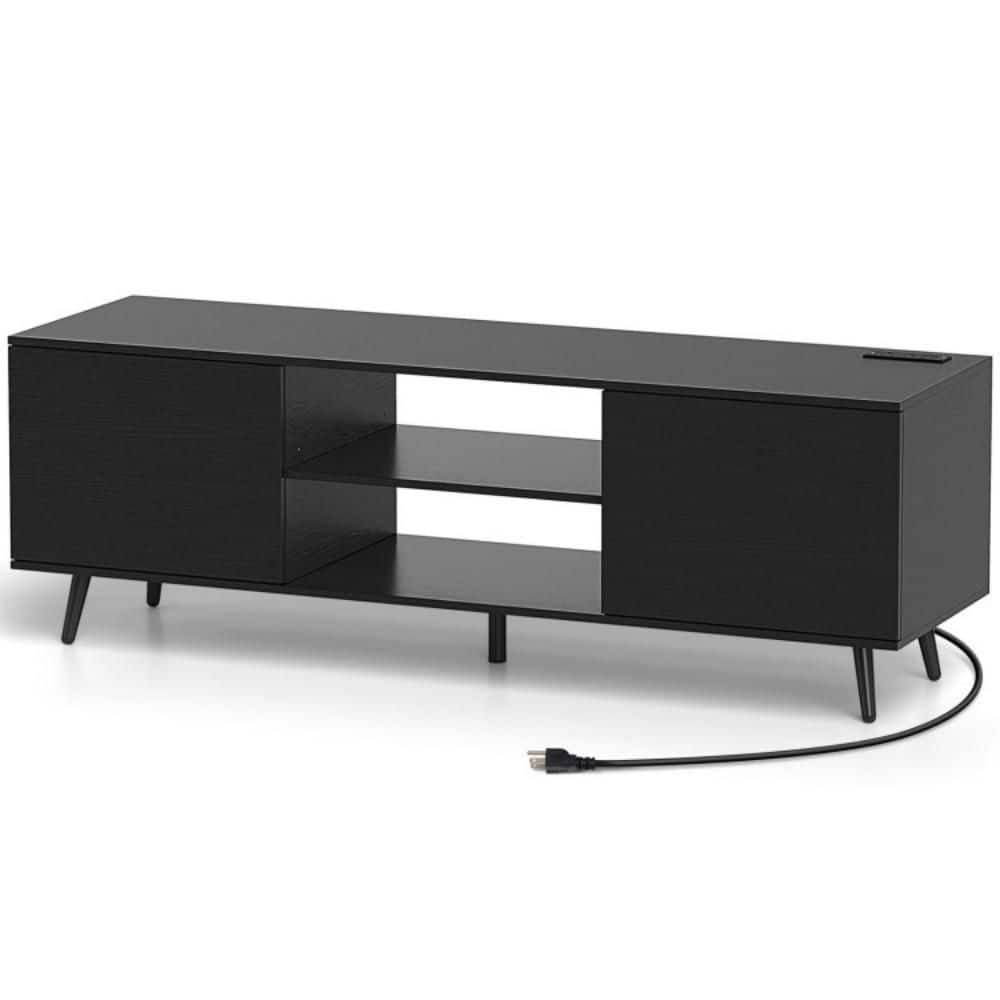 Clihome Modern Black TV Stand with USB Power Outlets Adjustable Storage ...